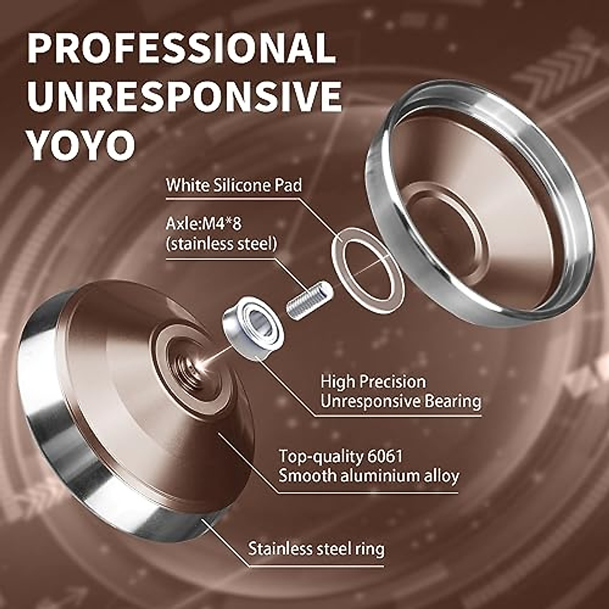 FETESNICE Yoyo Professional Competition Bi-Metal Yo Yo, Unresponsive Yoyos for Kids, Pro Alloy 6061Bimetal Yoyo for Intermediate to Advanced Players with 10 Ball Protection Cover Yo-yo Bearing-Brown