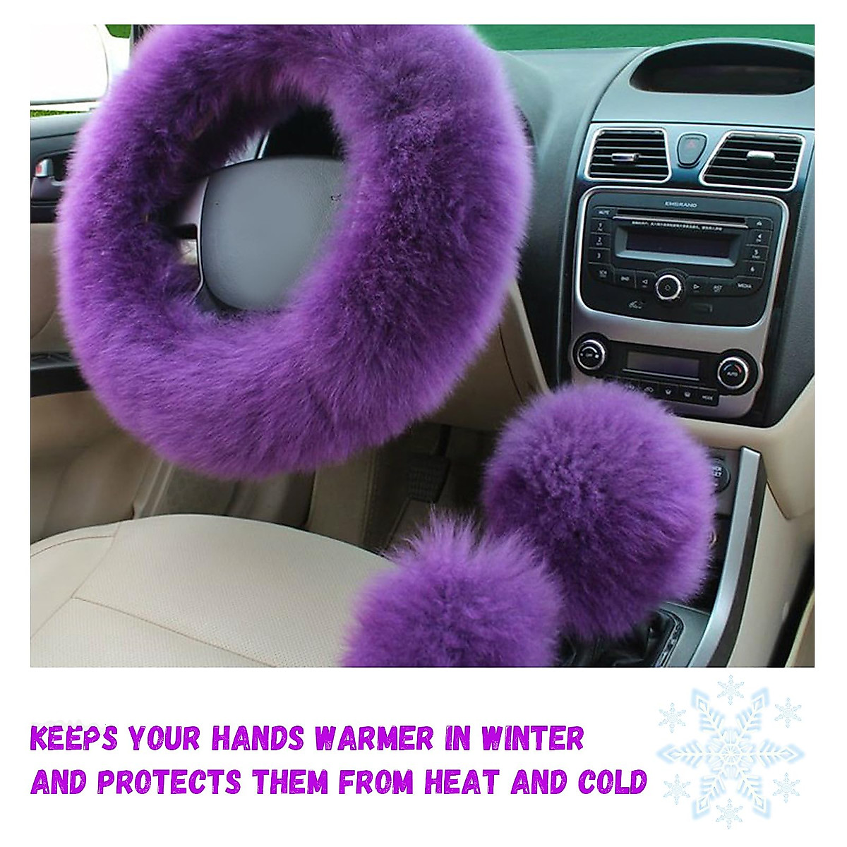 Ziciner 3PCS Wool Steering Wheel Cover with Fuzzy Handbrake Cover & Gear Shift Cover, Universal 15 Inch Steering Wheel Fluffy Soft Protector, Comforting Warm Car Decoration for Women Men (Purple)