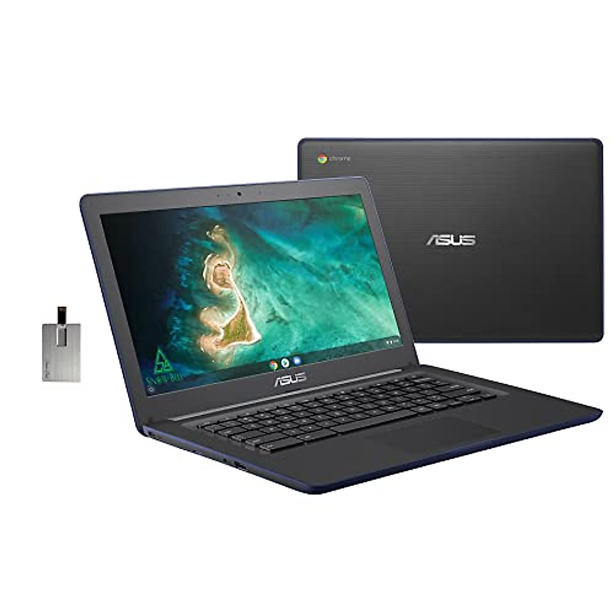 ASUS 2022 C403 Chromebook 14" HD Laptop, Intel Celeron N3350 Processor, 4GB RAM, 32GB eMMC Flash Memory, Intel HD Graphics 500, HD Webcam, Stereo Speakers, Chrome OS, Dark Blue, 32GB USB Card