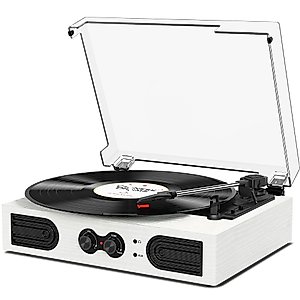 Vinyl Record Player with Built-in Stereo Speakers and Bass Adjust, Vintage 3-Speed Portable LP Turntable with Upgraded Audio Sound, Bluetooth Input, RCA/AUX/Headphone Jack, White Wood