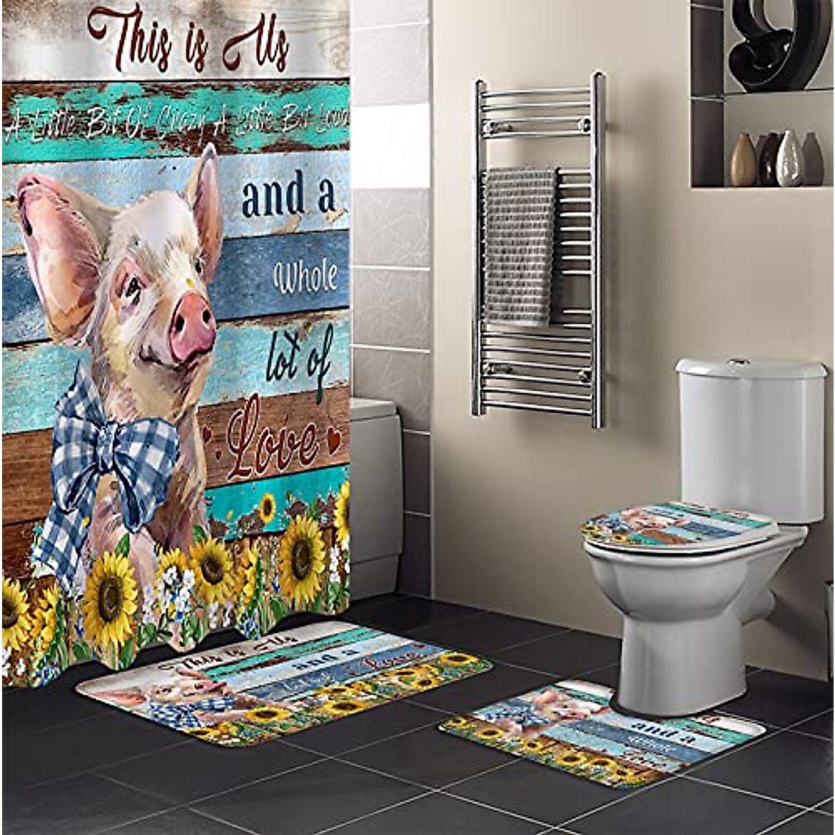 4 Piece Shower Curtain Sets Cute Rustic Farm Animals Pig on Wood Include Non-Slip Rug, Toilet Lid Cover, Bath Mat and Shower Curtain Waterproof with 12 Hooks for Bathroom