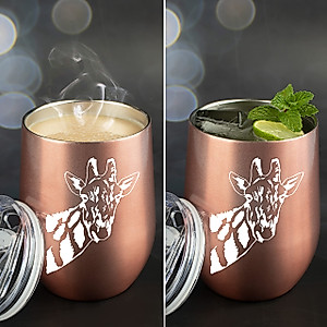 PDTXCLS Giraffe Gifts, 12oz Rose Gold Wine/Coffee Steel Tumbler/Mug with Premium Sliding Lid, Perfect Items for Women, Things for Animal Lover Glass Decor (Rose Gold)