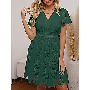 MEROKEETY Women's Short Sleeve Lace Floral Swing Dress Elegant Wedding Guest Bridesmaid Dress, DarkGreen, L
