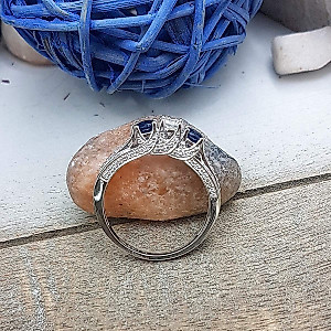 Dazzlingrock Collection Round Blue Sapphire & White Diamond 3 Stone Wedding Ring for Women in 14K White Gold Size 6