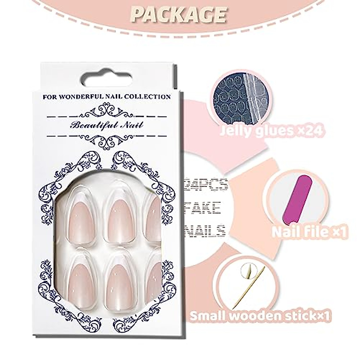 YOSOMK French Tip Press on Nails Almond Medium Fake Nails with Chrome Designs Glossy Nude False Nails Mirror Glue on Acrylic Nails for Women