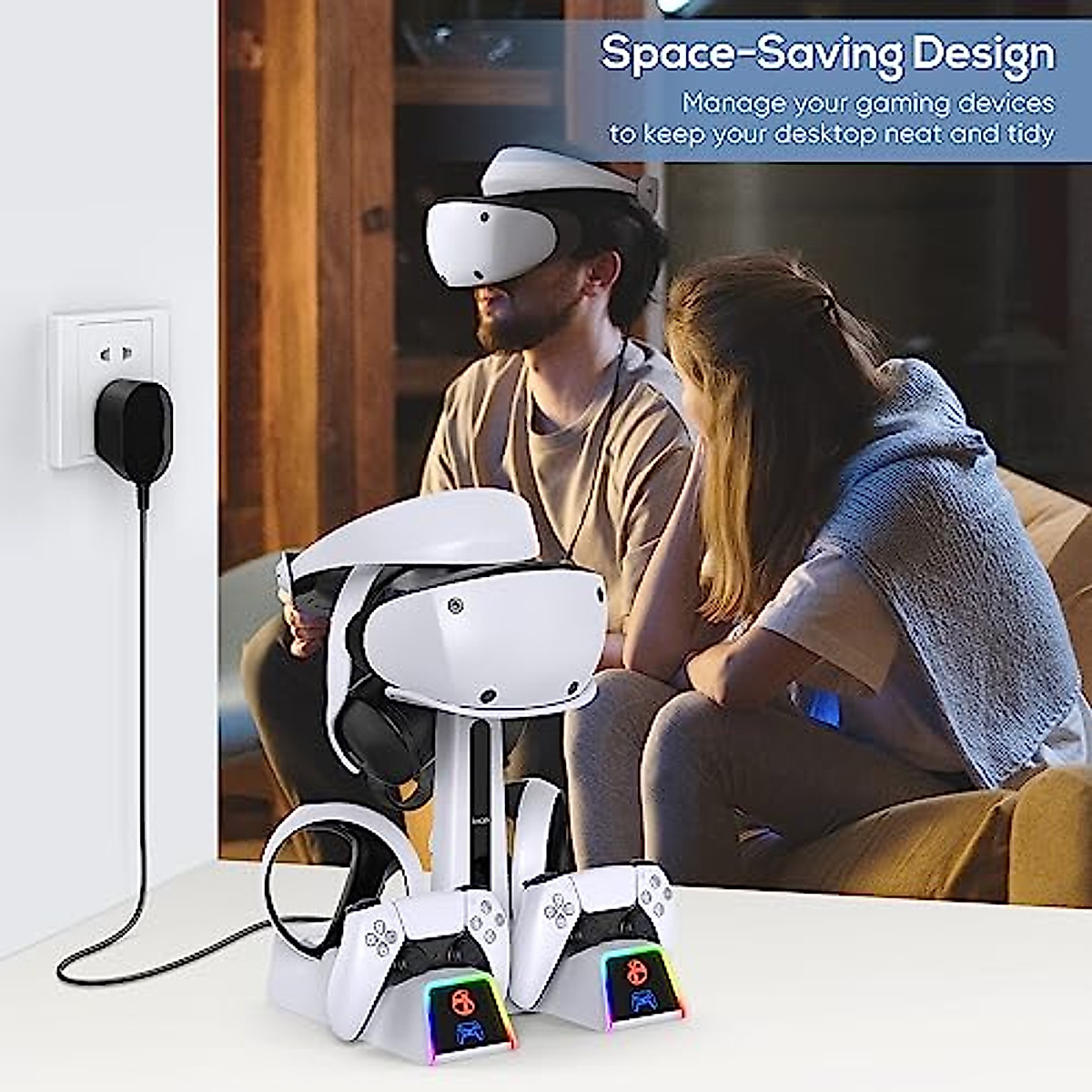 Controller Charging Station for PSVR2 / PS5 VR2, GORIXER RGB Dual VR2 Controller Charging Stand Dock for Playstation 5 and Playstation VR2 Accessories with Magnetic Connector & Power Adapter