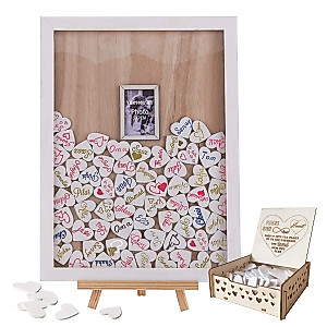 Wedding Guest Book, Y&K Homish Drop Top Frame Sign Book with 100PCS Wooden Hearts, Rustic Wedding Decorations and Gift (White Wooden Frame + Picture/ Photo)
