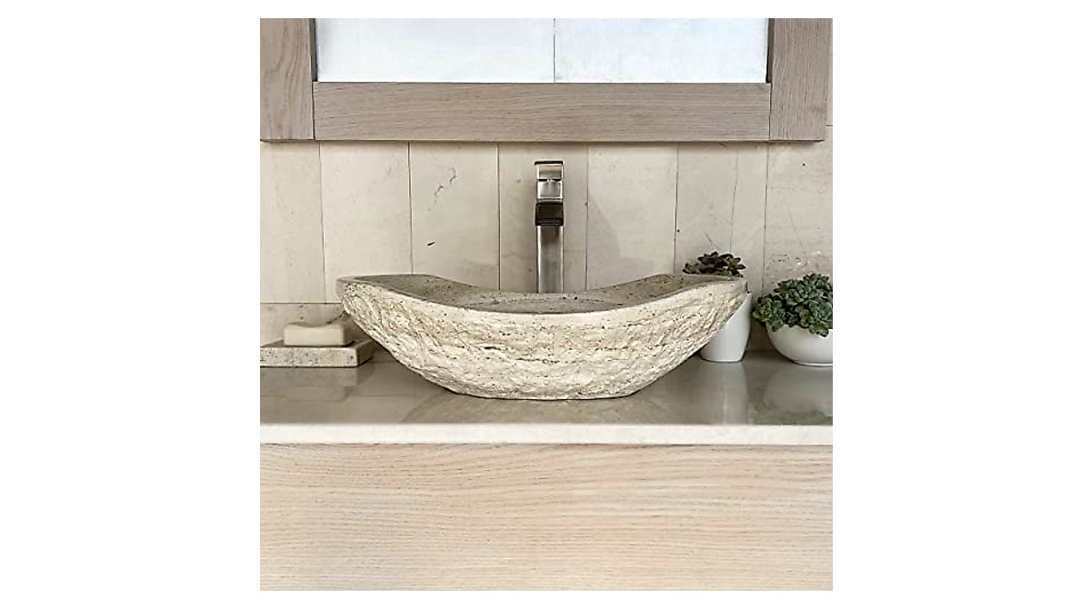 EDUPET Tan Travertine Stone Vessel Sink - Oval Canoe Shape