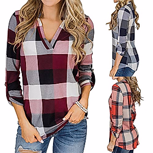 Andongnywell Women Lace Long Sleeve Casual Plaid V-Neck Loose Irregular Hem Shirt Top Costume Blouse Tunics Shirts (Wine Red,1,Small)