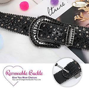 JASGOOD Cowboy Cowgirl Rhinestone Belt for Jeans, Men and Women Crocodile Grain Leather Studded Belt, E-Black, Suit Pants Size 33"-38"