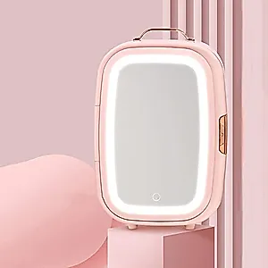 Doodran LED Mirror Beauty Mini Refrigerator for Bedroom Portable Compact Makeup Fridge to Skin Care Cosmetics Chill Perfect for Girls Woman,Pink