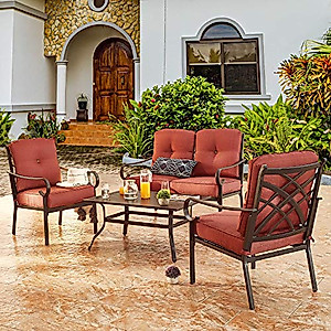 PatioFestival Patio Furniture Sets 4 Piece Metal Outdoor Sofas with 6.3 Inch Cushion Bistro Conversation Set(4PC,Red)