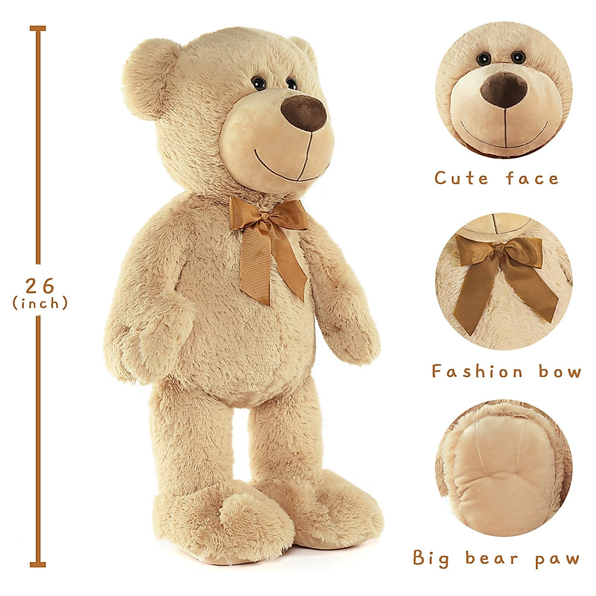 Tezituor Big Teddy Bear Stuffed Animal, 26 inch Medium Size Stuffed Teddy Bear Plush Toy for Chirstmas Valentine's Day Birthday, Soft Teddy Bear Plush for Kids Girlfriend, Tan