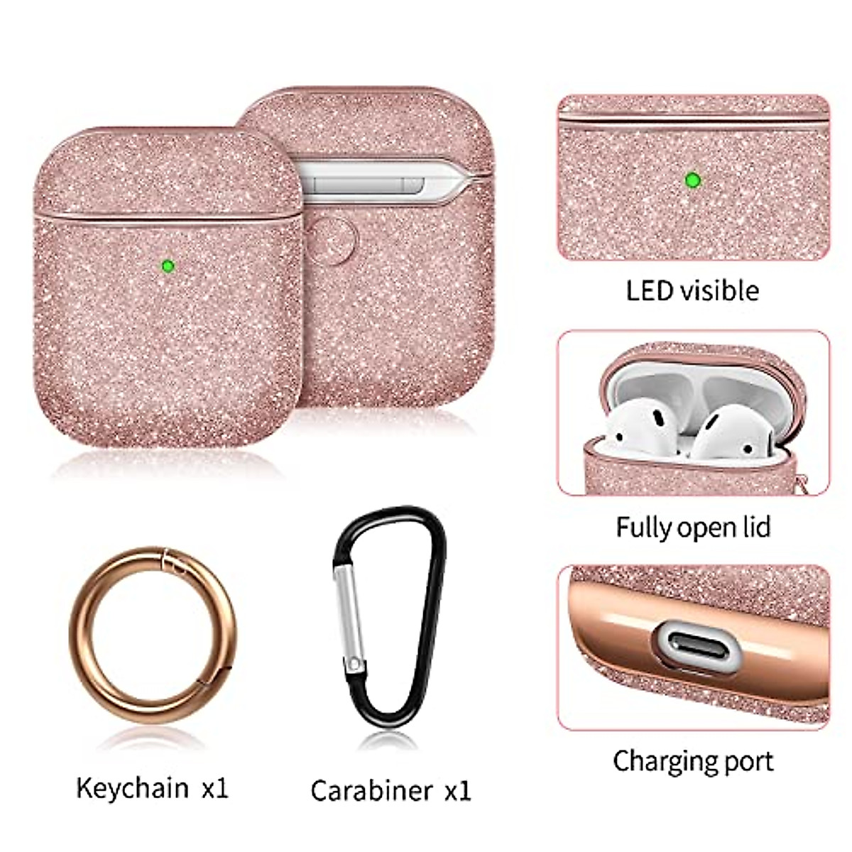 MOLOVA Bling Case for Airpods 1&2 Case,Hard Cover Glitter Rose Gold Luxury Leather with Gold-Plated Frame Shock Proof Cover with Keychain（Rose Gold）