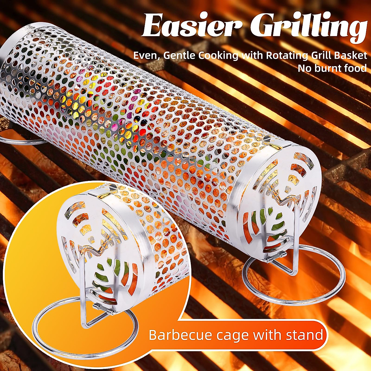 Grill Basket - Outdoor Rolling BBQ Basket - 2 Pcs Stainless Steel Grill Mesh, Rolling Grill Baskets for Outdoor Grill, Portable Grill Accessories for Outdoor Grill - Grilling Gifts for Men Dad Husband Him