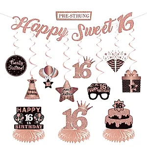 HTDZZI Sweet 16 Birthday Letter Banner Hanging Swirls Honeycomb Centerpieces Decorations Kit, Happy 16th Birthday Decorations for Girls, Rose Gold Sweet Sixteen Birthday Party Backdrop Decor Supplies