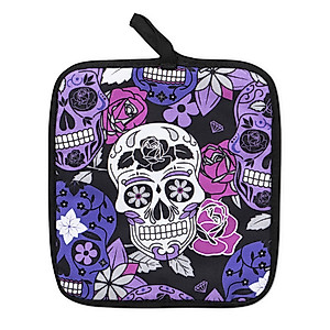 Oven Mitts Co. Sugar Skull Purple, Oven Mitts and Pot Holder 3pcs Set, Insulated, 100% Cotton