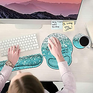 Ergonomic Mouse Pad with Gel Wrist Rest Support, Comfortable Memory Foam Keyboard Wrist Rest Easy Typing, Anti-Slip Keyboard Desk Pad for Office, Psalm 46:5 Blue Glitter Pattern Gaming Mouse Mat