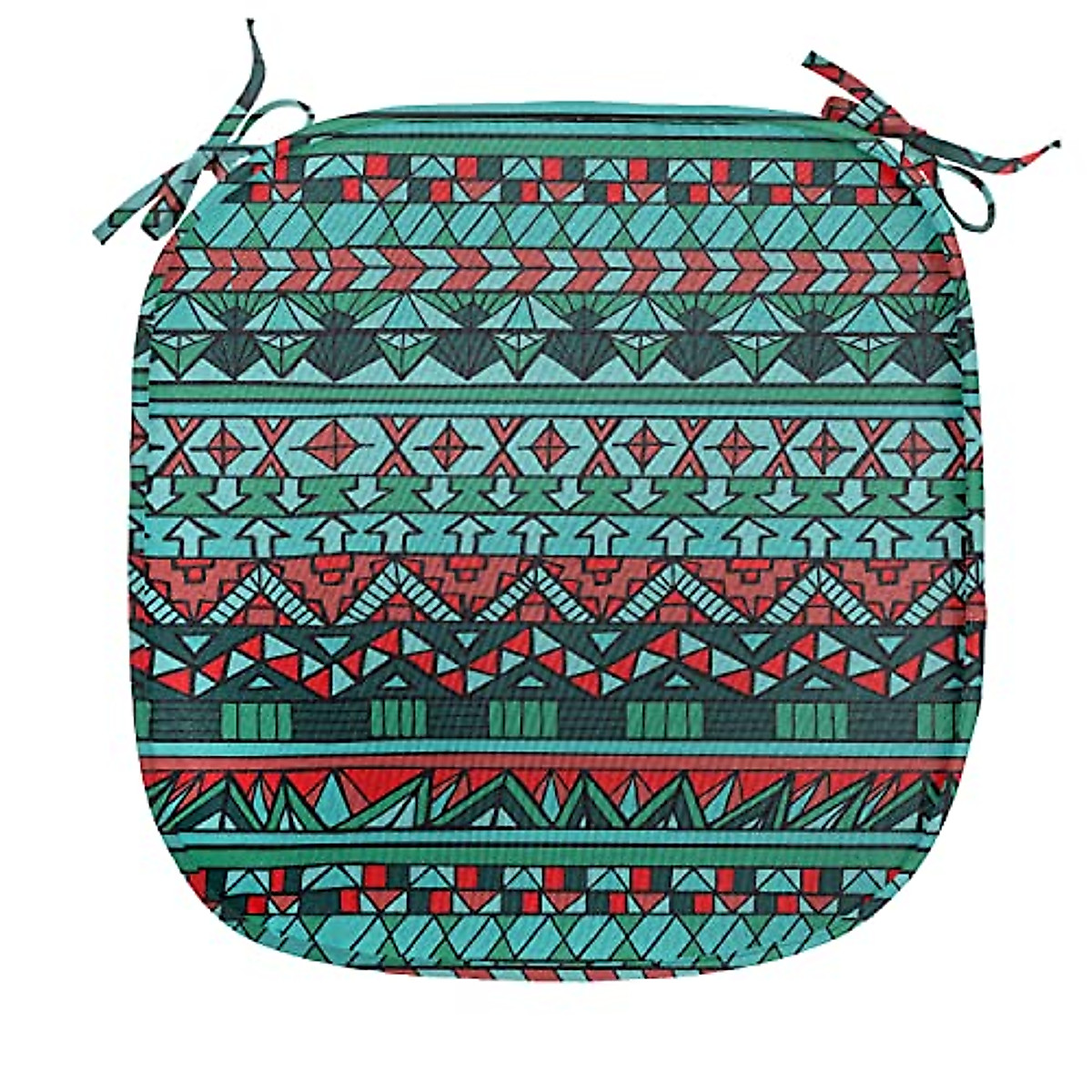 Ambesonne Tribal Chair Seating Cushion Set of 8, Hand Drawn Design Geometric Pattern with Sharp Shapes and Stripes, Seat Pads for Office with Anti-Slip Backing, 16"x16", Red Blue Teal