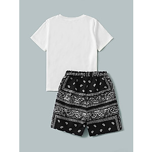 SOLY HUX Boys Boho Paisley Print Short Sleeve T Shirt and Shorts Set 2 Piece Outfits Black and White Paisley 13-14Y