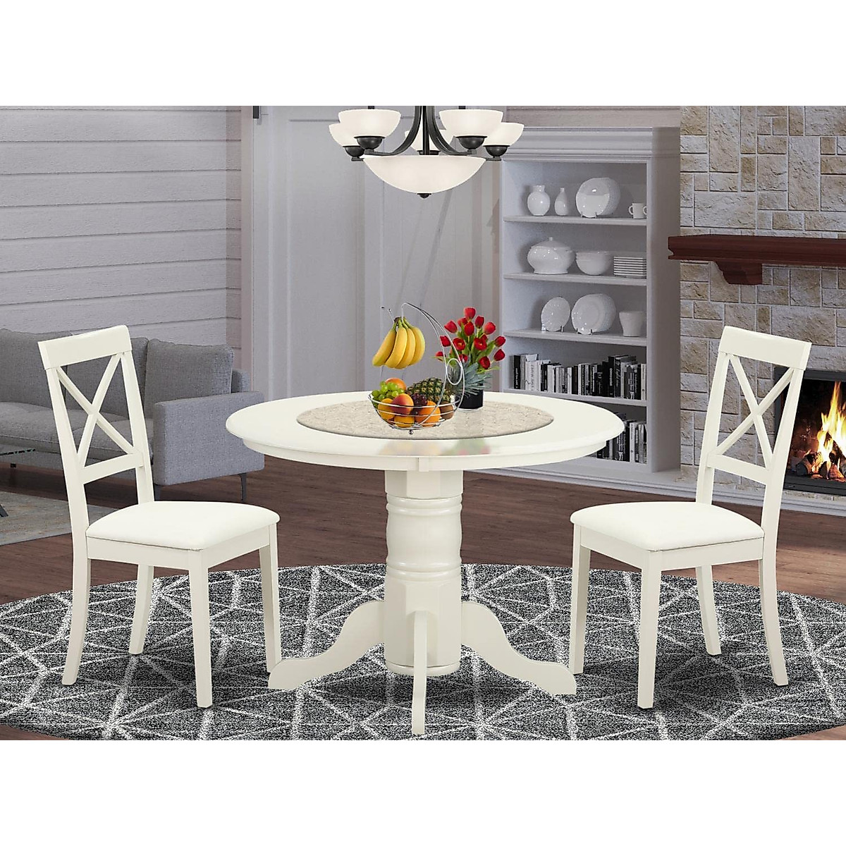 East West Furniture SHBO3-WHI-LC 3 Piece Dinette Set for Small Spaces Contains a Round Kitchen Table with Pedestal and 2 Faux Leather Upholstered Dining Chairs, 42x42 Inch, Linen White