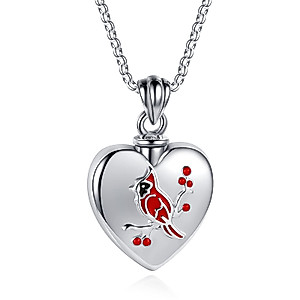 Sterling Silver Cremation Urn Jewelry - Cardinal Heart Cremation Keepsake Pendant Necklace Bracelet Memorial Jewelry Gifts for A Loss of The Loved One (Necklace)