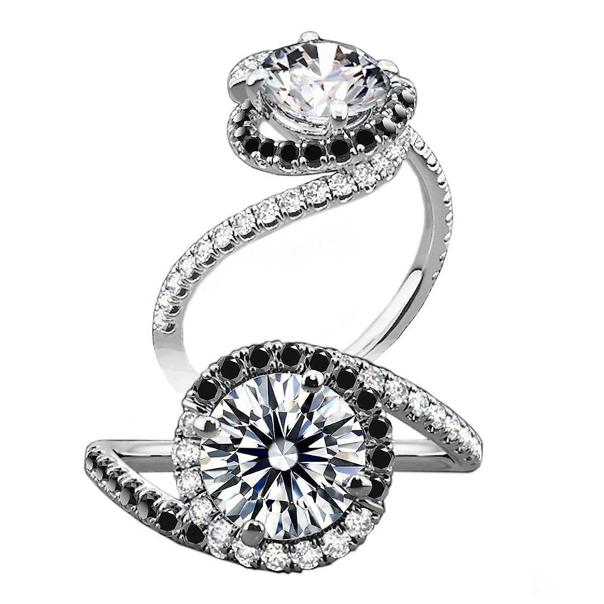 10 Hearts & Arrows 81 Facets 2 Ct Pave Black & White Simulated Diamond Ring 925 Silver Platinum Plated RSPIRALBW-100