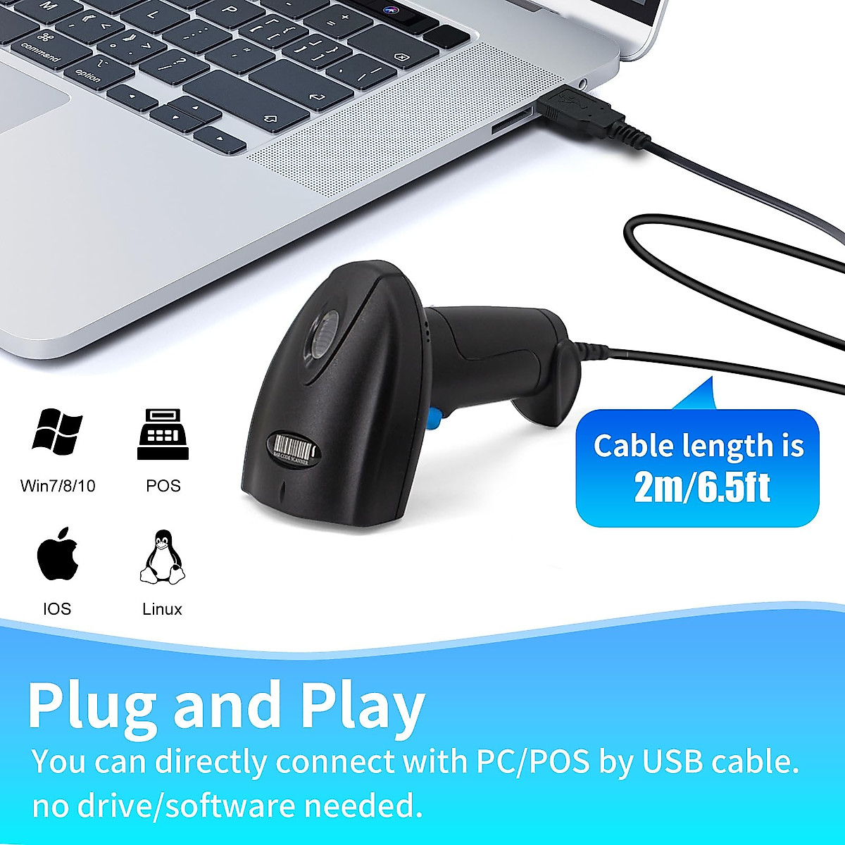 JIAN BOLAND Barcode Scanner USB 1D Wired CCD Barcode Reader Supports Screen Scan Bar Code Scanners for Store, Supermarket, Warehouse-U1