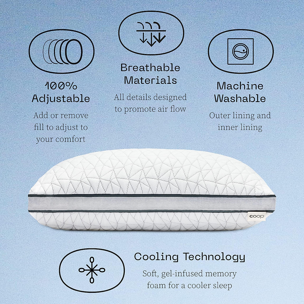 Coop Home Goods Eden Bed Pillow Queen Size for Sleeping on Back, Stomach and Side Sleeper- Medium Soft Memory Foam Cooling Gel - CertiPUR-US/GREENGUARD Gold