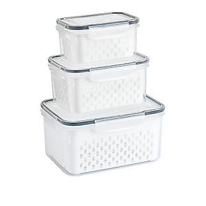 3PCS Fruit Storage Container with Lid & Colander, Produce Vegetable Saver Container, Refrigerator Keep Fruits Veggie Food Meat Fish Fresh, Draining Fresh Container 3 In 1 Organizer
