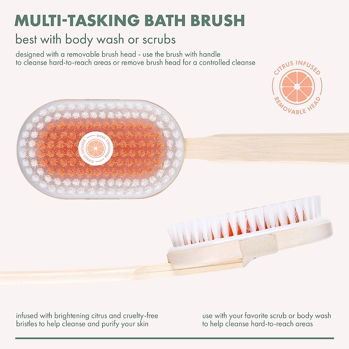 EcoTools Multi-Tasking Bath Brush, Citrus Infused Shower Brush, Long Ergonomic Handle & Soft Bristles, Back Scrubber, Gentle Exfoliating Bath Brush, Cleanses Hard To Reach Areas, Cruelty-Free, 1 Count