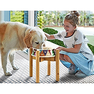 Dog Bowl Stand for Large Dogs - Height 14-inch, Adjustable, Lockable Width 8-11inches Wide - Food and Water Feeder Holder - Bamboo