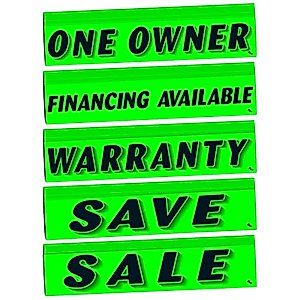 Versa Tags Windshield Slogan Stickers 12 Pack Each of ONE Owner, FINANCING Available, Warranty, Save, Sale (60) Window Stickers Total Dealership Stickers Black On Green
