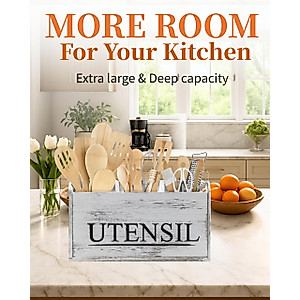 brekle White Kitchen Utensil Holder Rustic Large Wooden Utensil Organizer Cooking Tools Storage