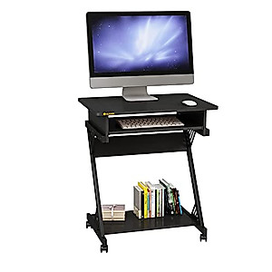 ALISENED Computer Desk for Small Spaces,23.6" Z-Shaped Compact Study Table with Smooth Keyboard Tray,with Wheels and Bottom Shelves for Home Office，Computer Cart Mobile Laptop Cart