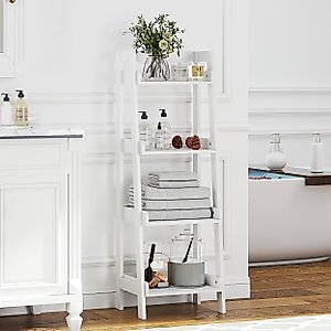 UTEX 4-Tier Ladder Shelf, Bathroom Shelf Freestanding, 4-Shelf Spacesaver Open Wood Shelving Unit, Ladder Shelf (White)
