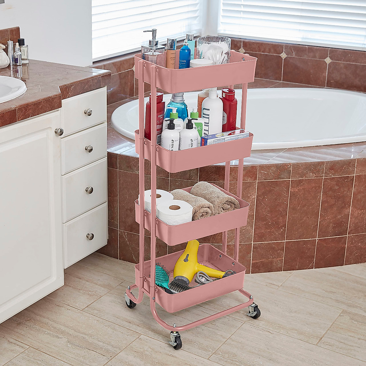 ECR4Kids 4-Tier Metal Rolling Utility Cart, Multipurpose Storage, Pink