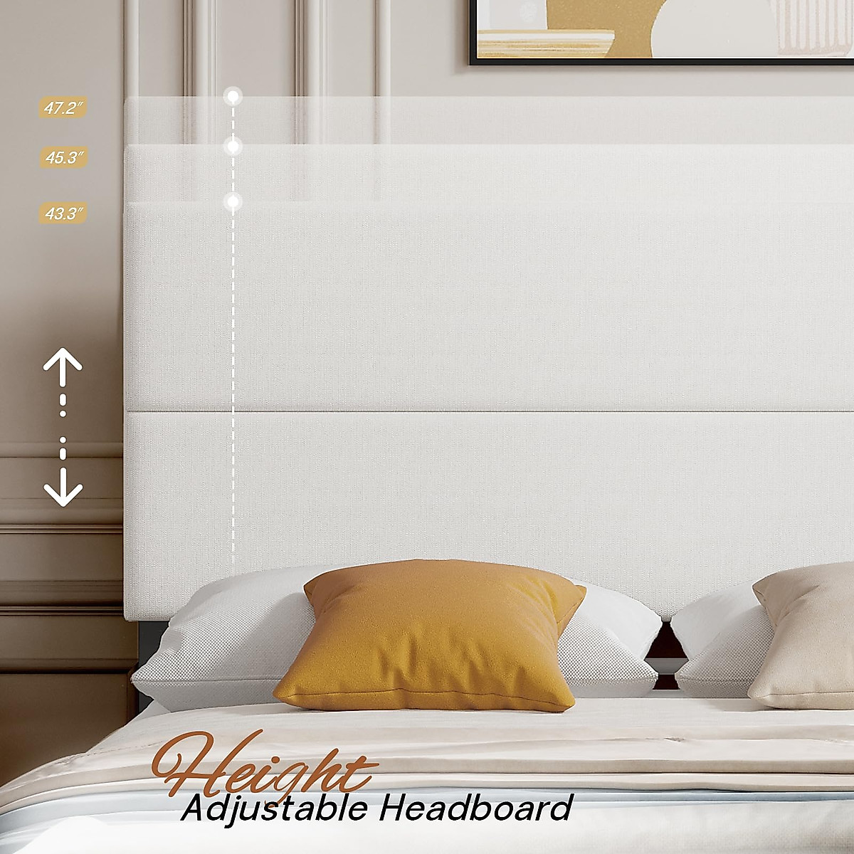 HOWE Queen Size Bed Frame, Upholstered Platform Bed with Adjustable Headboard, Sturdy Bedframe Linen Fabric/Easy Assembly/No Box Spring Needed/Noise-Free/Cream