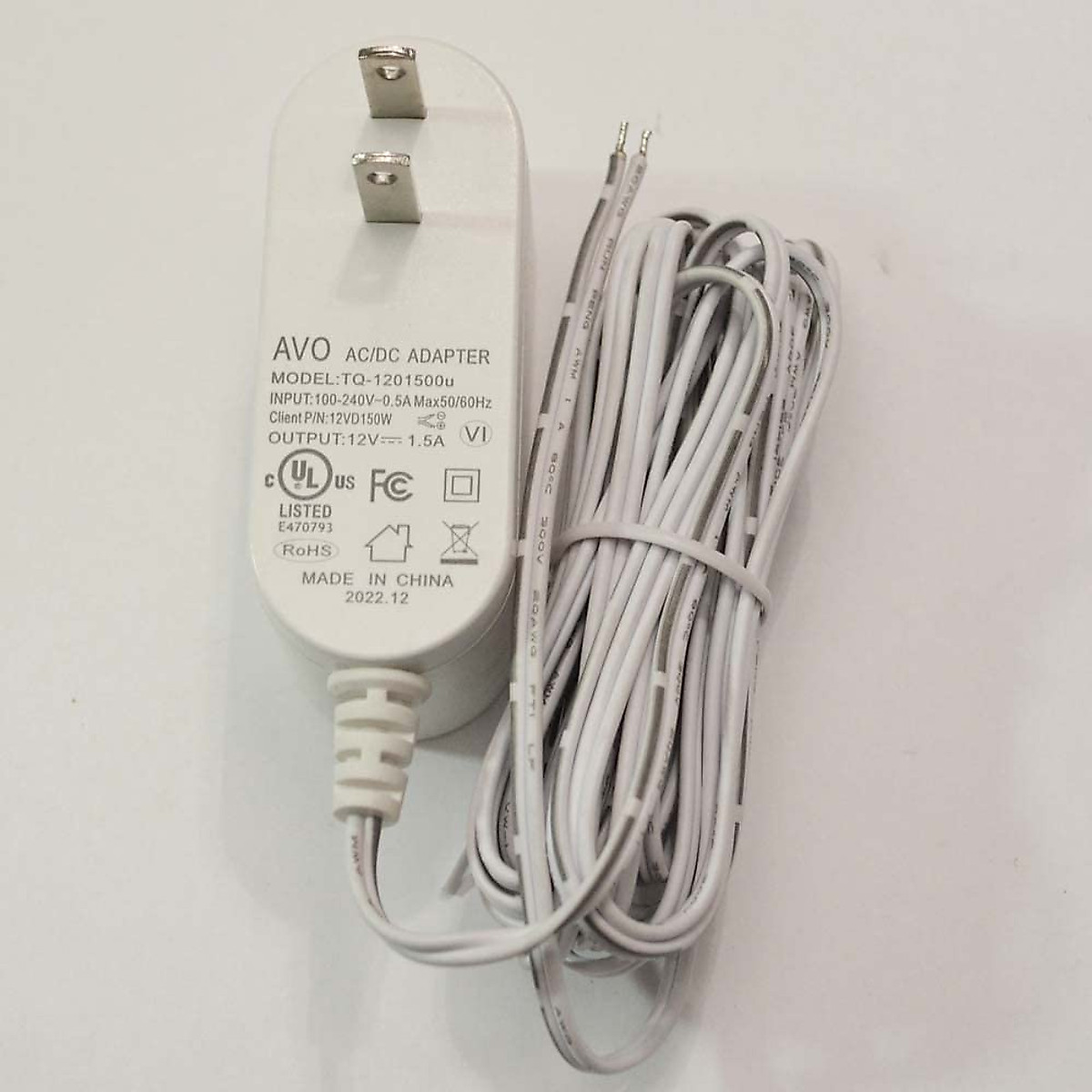 AVO 12VD150W - 12V DC 1.5A White Wall Plug DC Adapter/Power Supply, Input: 100-240VAC 50/60Hz, Non-Terminated 10 Foot Parallel Zip Cord Lead Wire