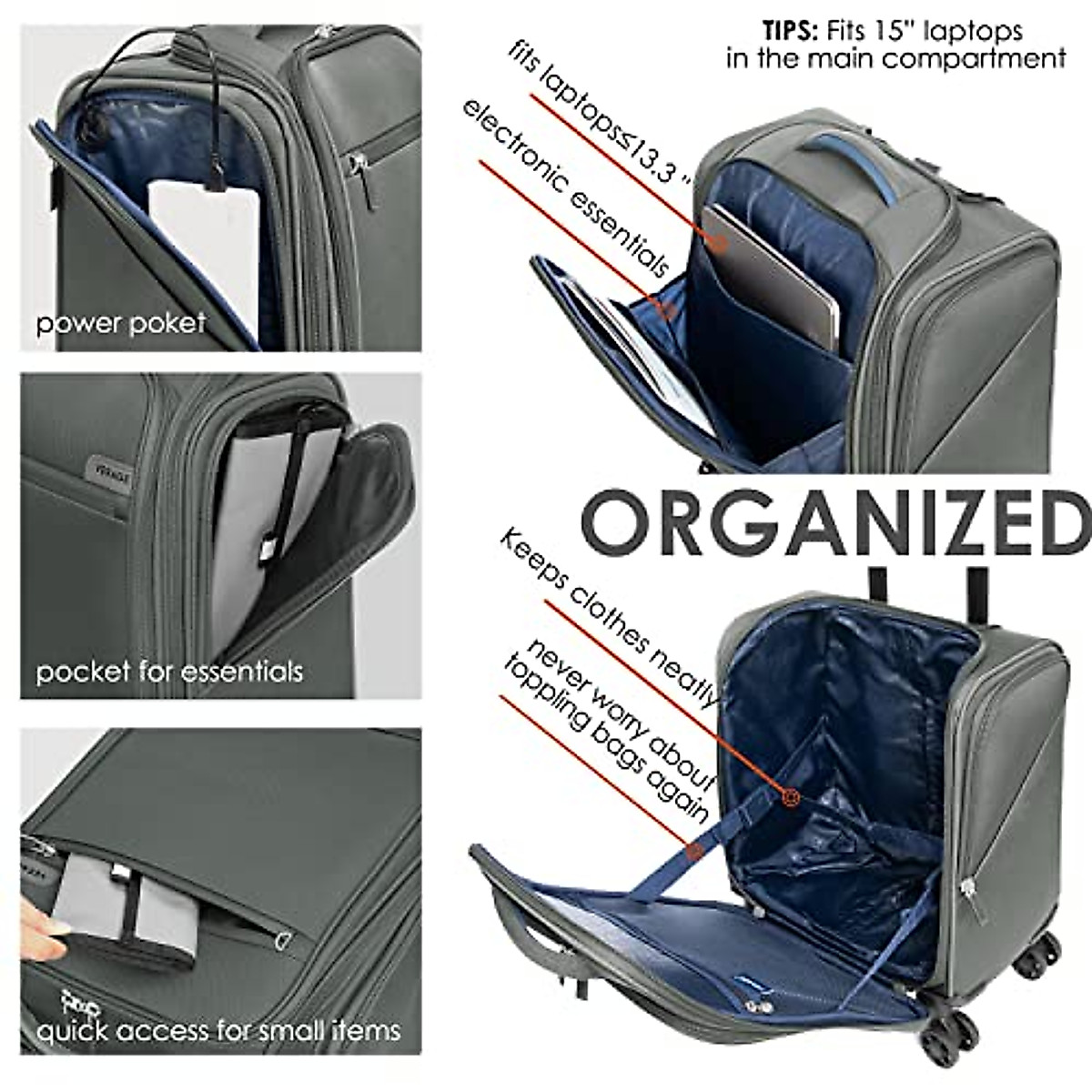 Verage Carry On Underseat Luggage with Wheels & USB Port, 14 Inch Wheeled Spinner Bag Carry-on Luggages for Airlines, Lightweight Suitcase Men Women, Pilots and Crew (14-Inch Compact)