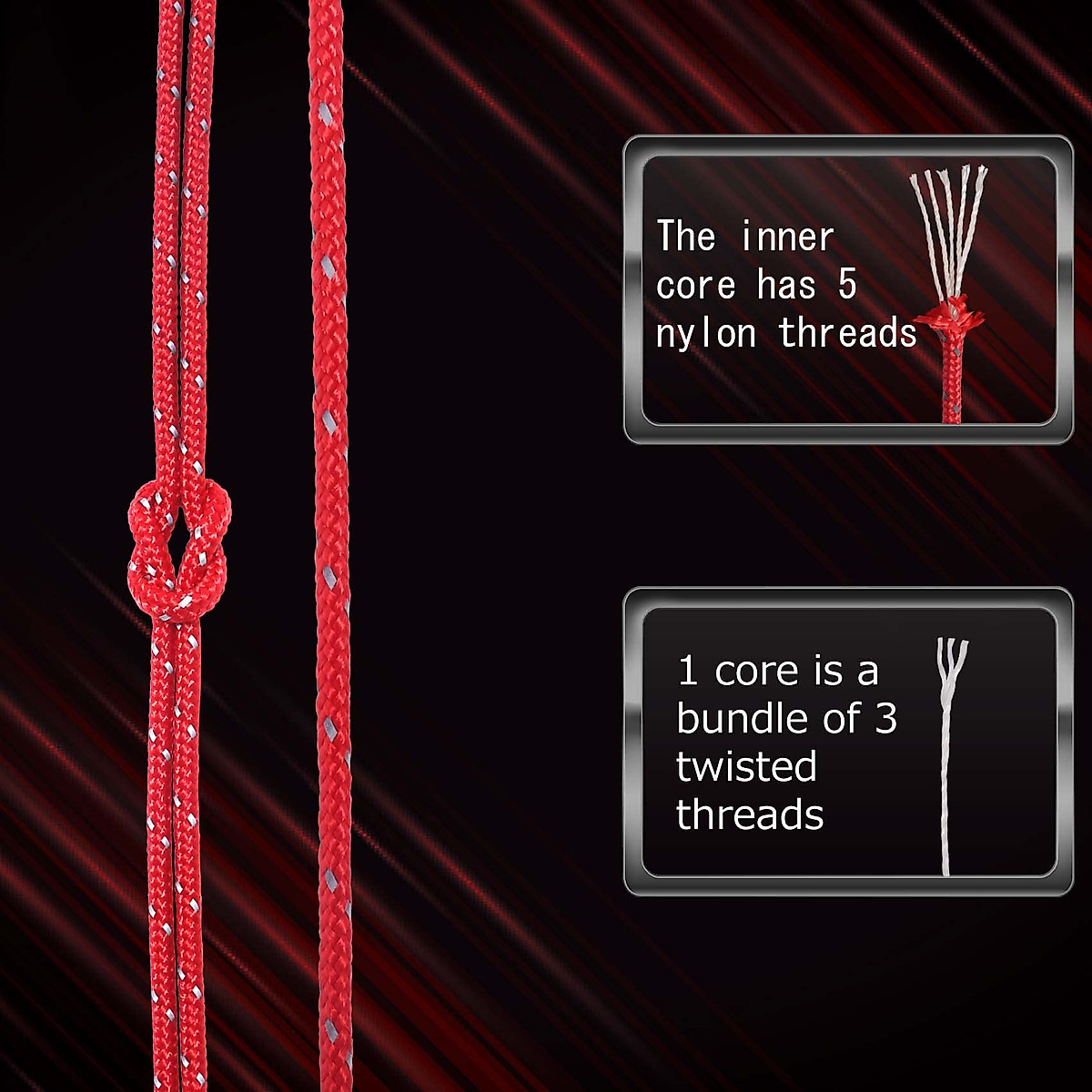 HIKEMAN 50m Reflective Guyline Solid Braid Nylon Camping Rope with Aluminum Adjuster Cord Tensioner Tent Accessory for Outdoor Travel,Hiking,Backpacking and Water Activities (Black, 3mm)