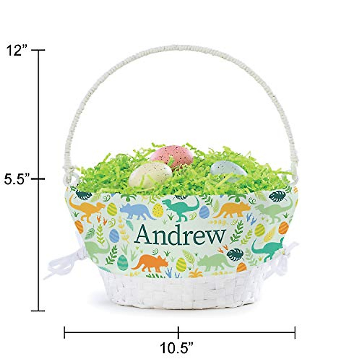 Dino Pattern Personalized Easter Egg Basket with Handle and Custom Name | Green Easter Basket Liners | White Basket | Woven Easter Baskets for Kids | Customized Easter Basket | Gift for Easter