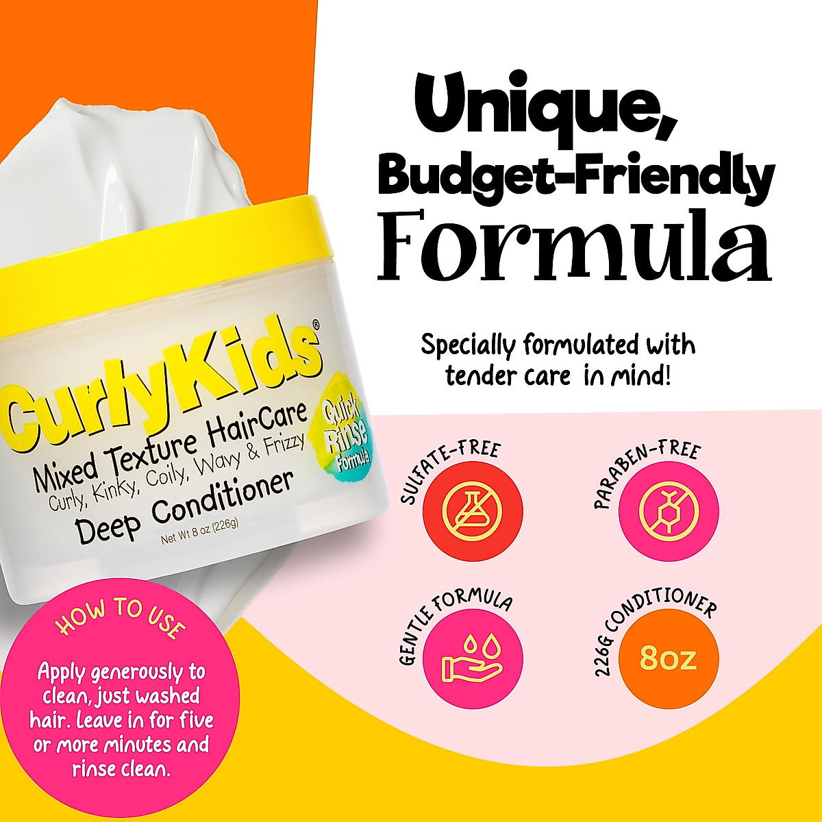 CurlyKids Hair Detangler Conditioner for Kids Kinky, Wavy & Curly Hair - Sulfate & Paraben Free Hair Care Formula - 8oz