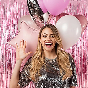 Pink Backdrop Curtain for Party Decorations -6.5x8.2ft, Pack of 2 | LILF Pink Streamers Tinsel with Non-Marking Tape, Foil Fringe Curtain for Birthday Baby Shower Party Supplies Photobooth Props