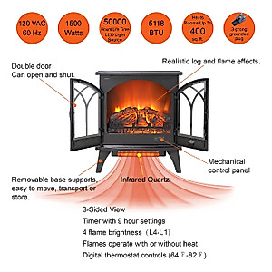 SPRIKIR 24 INCH 3D Flame Electric Fireplace Heater with Remote Control，Flames Operate with or Without heatDigital, 9 Hour 4 Color Flame to Adjustable