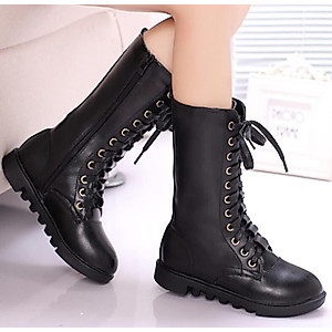 DADAWEN Kid's Girls Leather Lace-Up Zipper Mid Calf Combat Riding Winter Boots (Toddler/Little Kid/Big Kid) Black US Size 4.5 M Big Kid