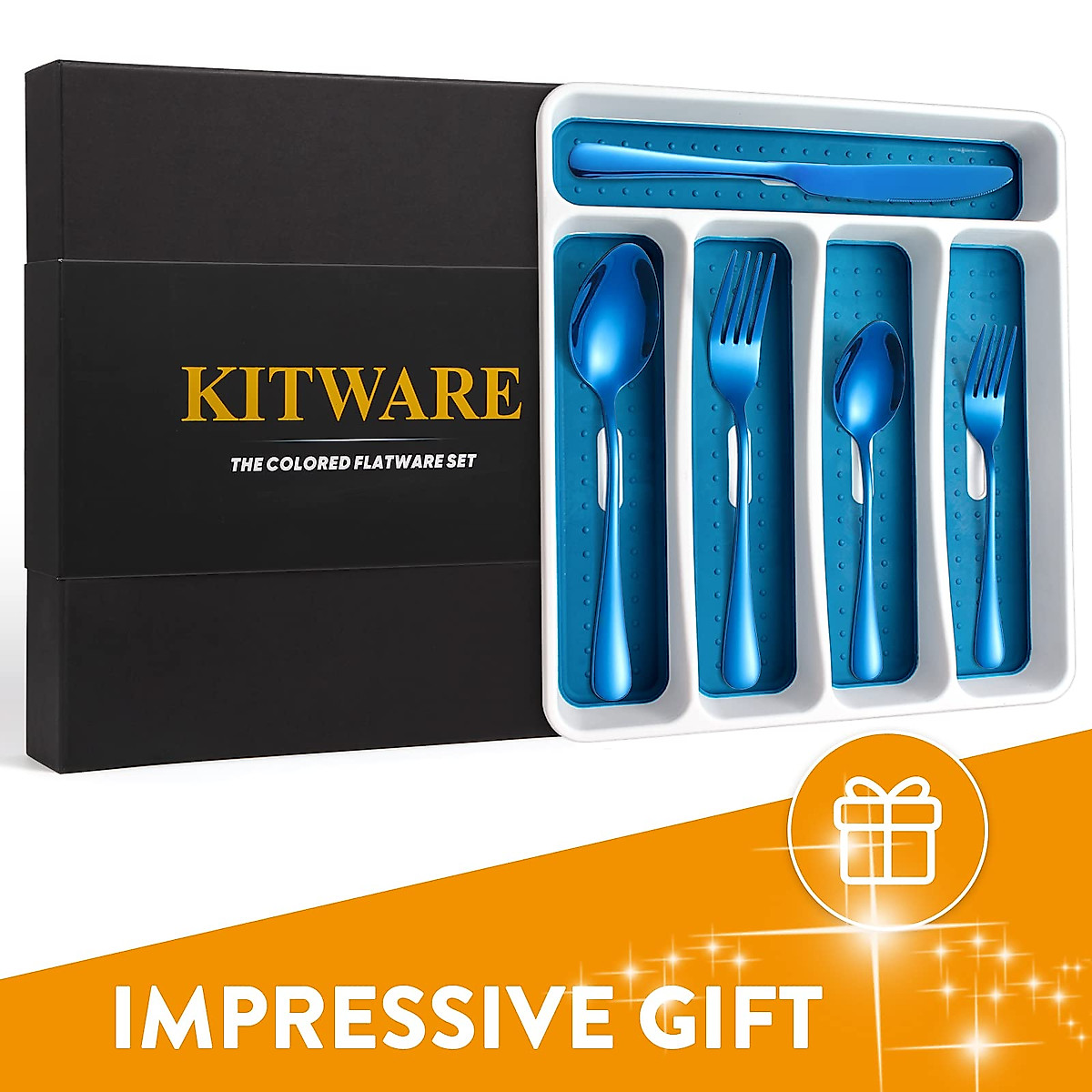 60 PCS Blue Silverware Set with Organizer Tray Service for 12,KITWARE Stainless Steel Flatware Cutlery Set,Mirror Polished Cutlery Utensil Set,Home Kitchen Dinnerware Fork Knife Spoon Set