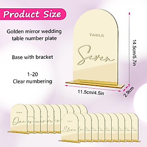 20 Pcs Gold Mirror Acrylic Arch Table Numbers for Wedding Reception, 4.5×5.7 Inch Gold Acrylic Wedding Table Signs 1-20 with Holders, Minimalist Style Gold Mirror Arch Table Numbers, for Restaurant