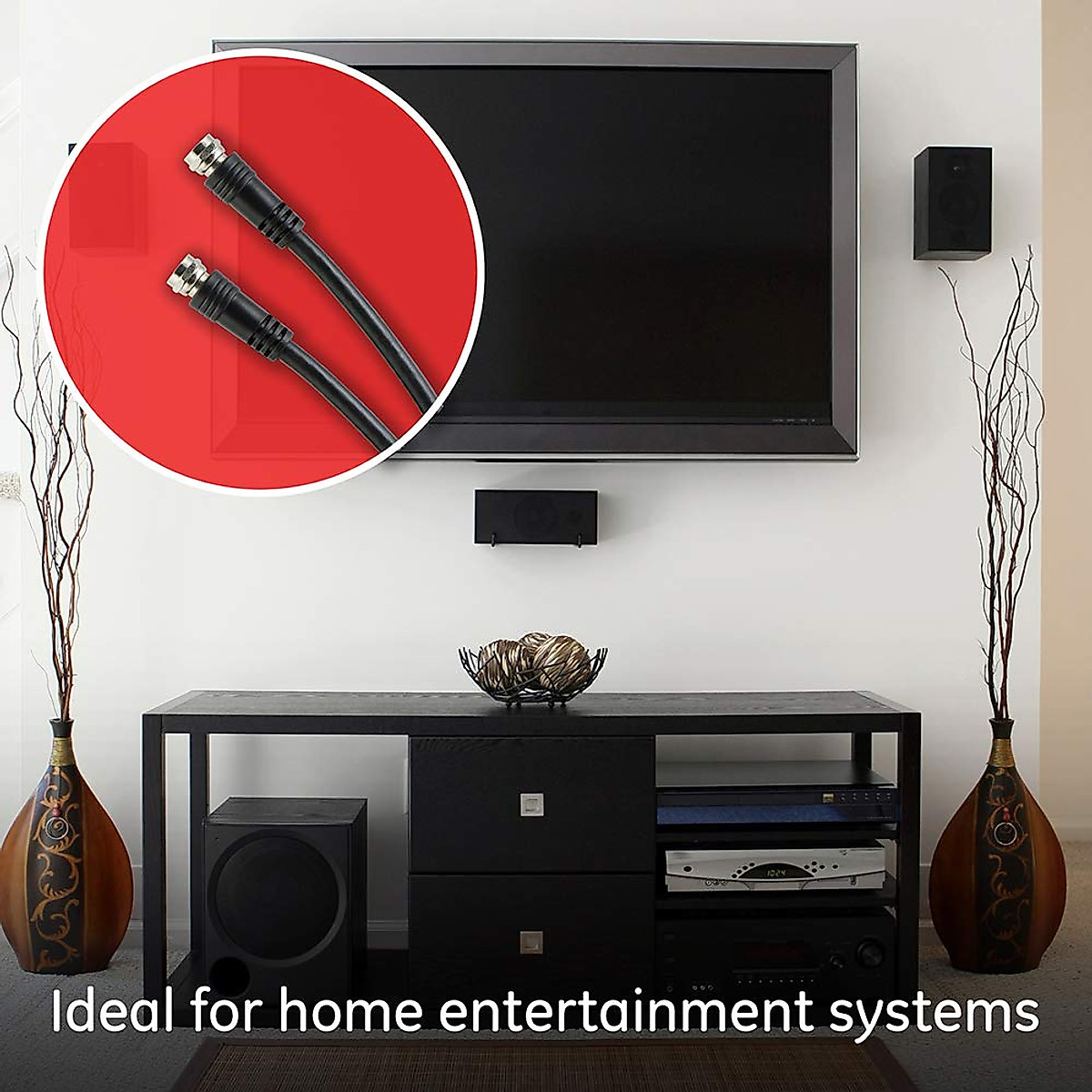 GE RG59 Coaxial Cable 25ft. (7.6m), Black, F-Type Connections Jacks, Low Loss, Double Shielded Coax Cable, Input/Output, Ideal for Antennas, DVR, VCR, Satellite to TV, 23210