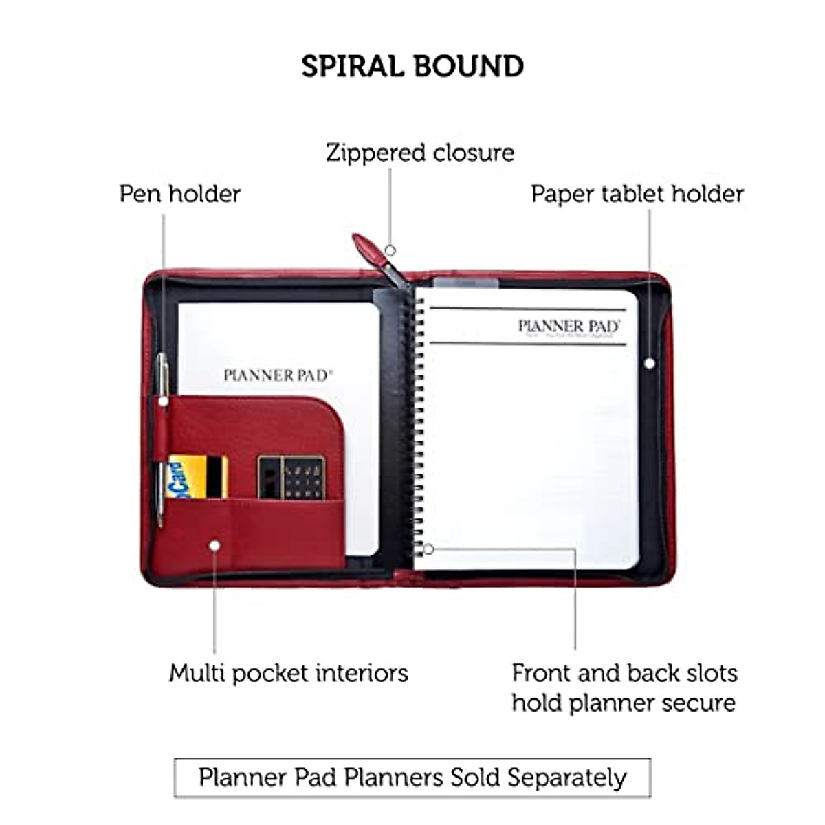 Planner Pad Spiral Bound Personal Size Cover, Fits 6 3/4 x 8 1/2 size paper pages, Red Flex Leather